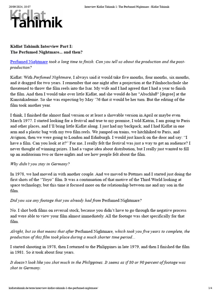 Interview Kidlat Tahimik 1 - The Perfumed Nightmare - Kidlat Tahimik | PDF