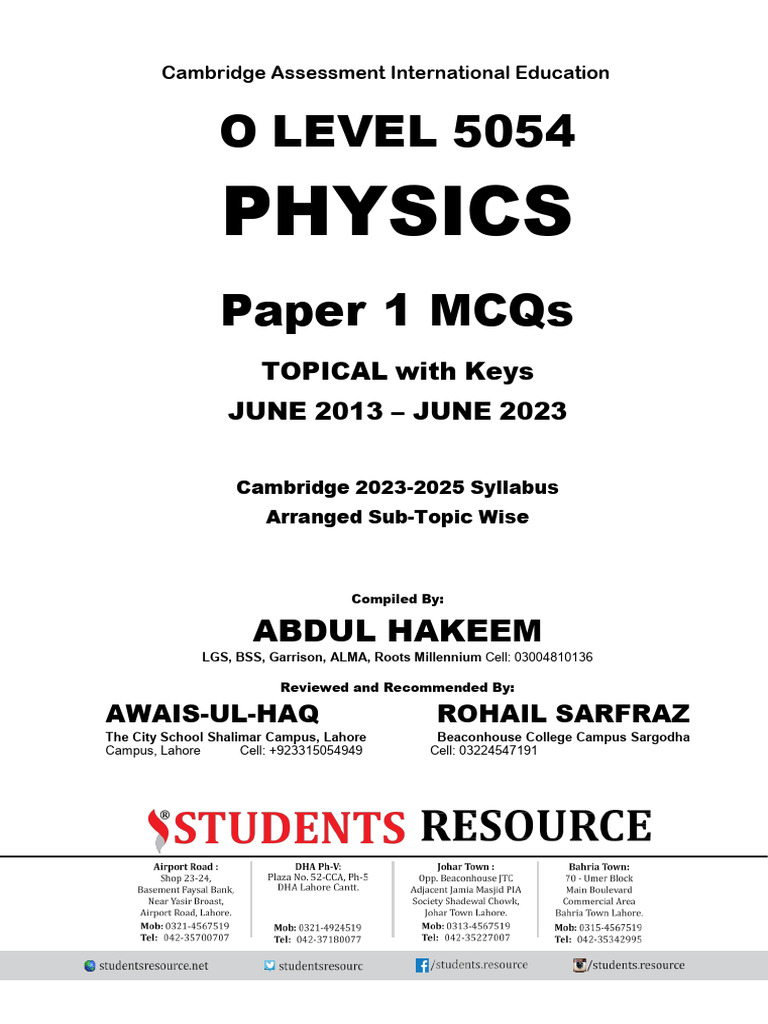 5054 O Level Physics P1 Topical MCQs 2013 2023 | PDF