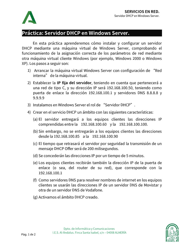 Práctica - Servidor DHCP en Windows Server | PDF