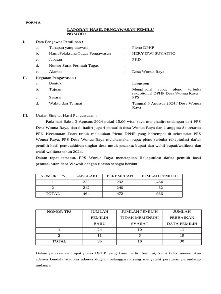 Form A. Rapat Pleno DPHP Desa Wonua Raya 03 Agustus 2024 | PDF