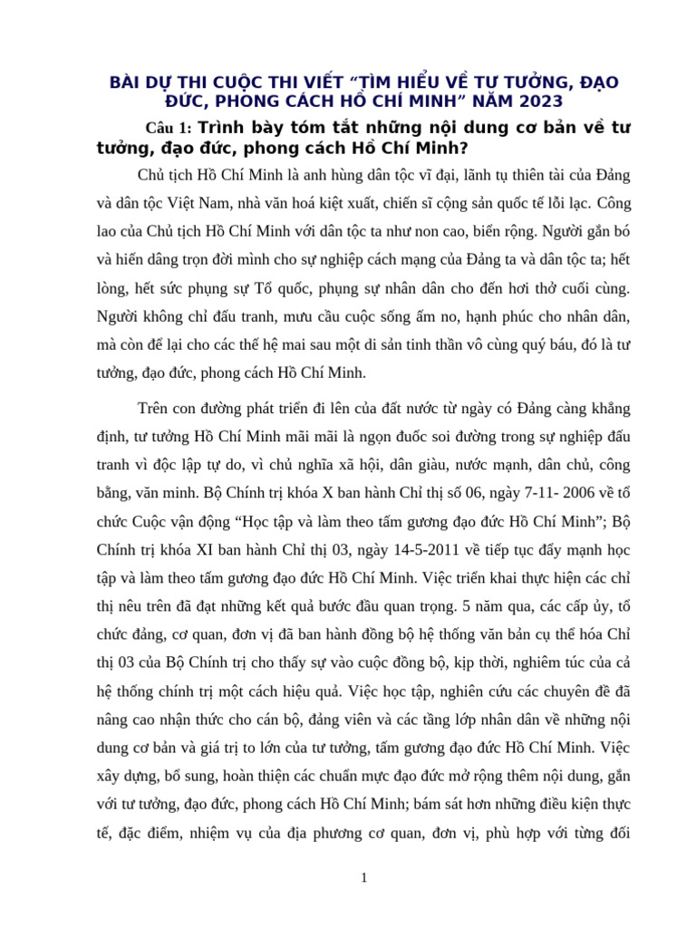 Bai Thu Hoach Tim Hieu Tu Tuong Dao Duc Phong Cach Ho Chi Minh | PDF