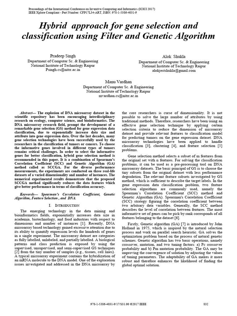 Hybrid Approach For Gene Selection and Classification Using Filter and Genetic Algorithm | PDF