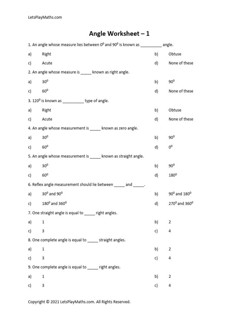 Class 6 Angle Worksheet 1 | PDF