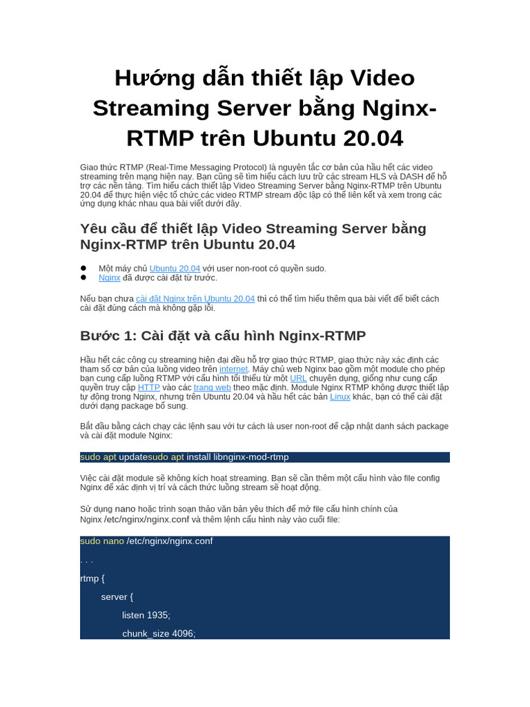 5.2 - Hướng dẫn thiết lập Video Streaming Server bằng Nginx-RTMP trên Ubuntu 20.04 | PDF