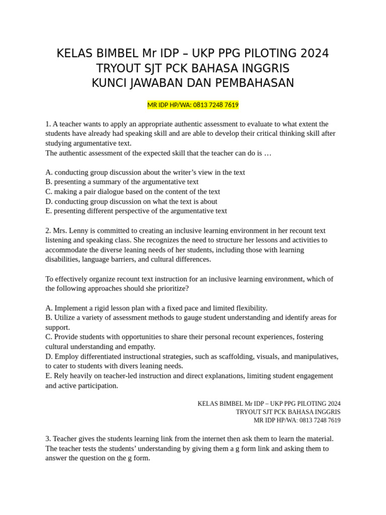 Tryout PPG Piloting Tahap 1 SJT Dan PCK Bahasa Inggris - MR Idp Class | PDF Tryout PPG Piloting Tahap 1 SJT Dan PCK Bahasa Inggris - MR Idp Class | PDF
