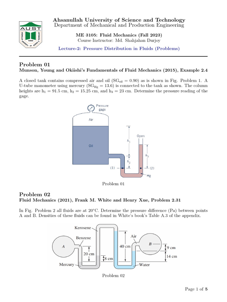 Pressure Distribution in Fluids - Problems | PDF