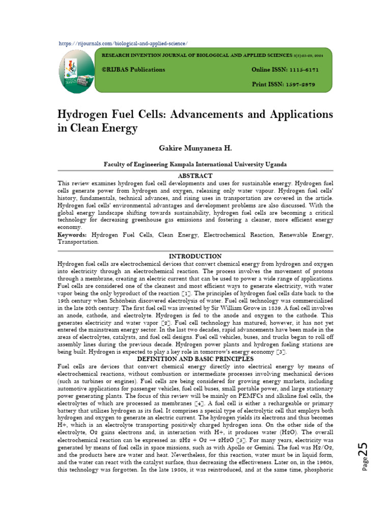 Hydrogen Fuel Cells: Advancements and Applications in Clean Energy (WWW - Kiu.ac - Ug) | PDF ...