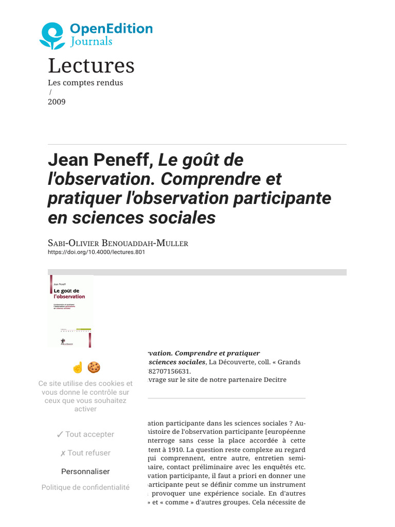 Jean Peneff, Le Goût de L'observation. Comprendre Et Pratiquer L ...