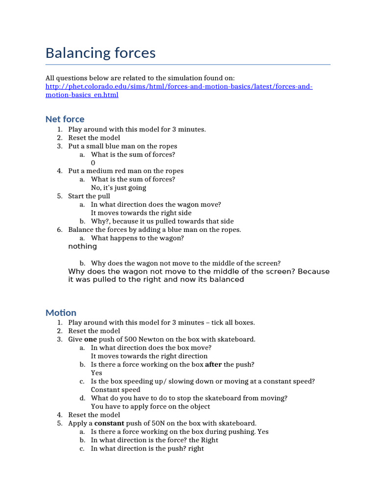 2-Forces Worksheet 14 - Balancing Forces - Simulation | PDF