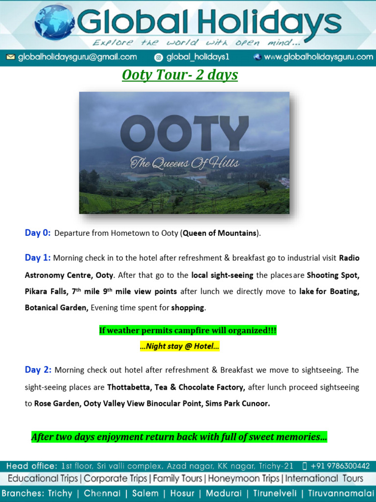 Global 2 Days Tour Plan - Ooty | PDF