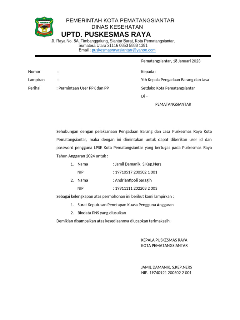 Contoh Surat Permohonan User Puskesmas Pematangsiantar | PDF