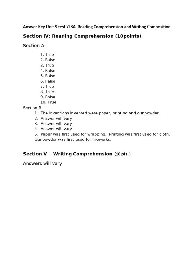 Answer Key YL8A Unit 9 Test Reading Comprehension and Writing ...