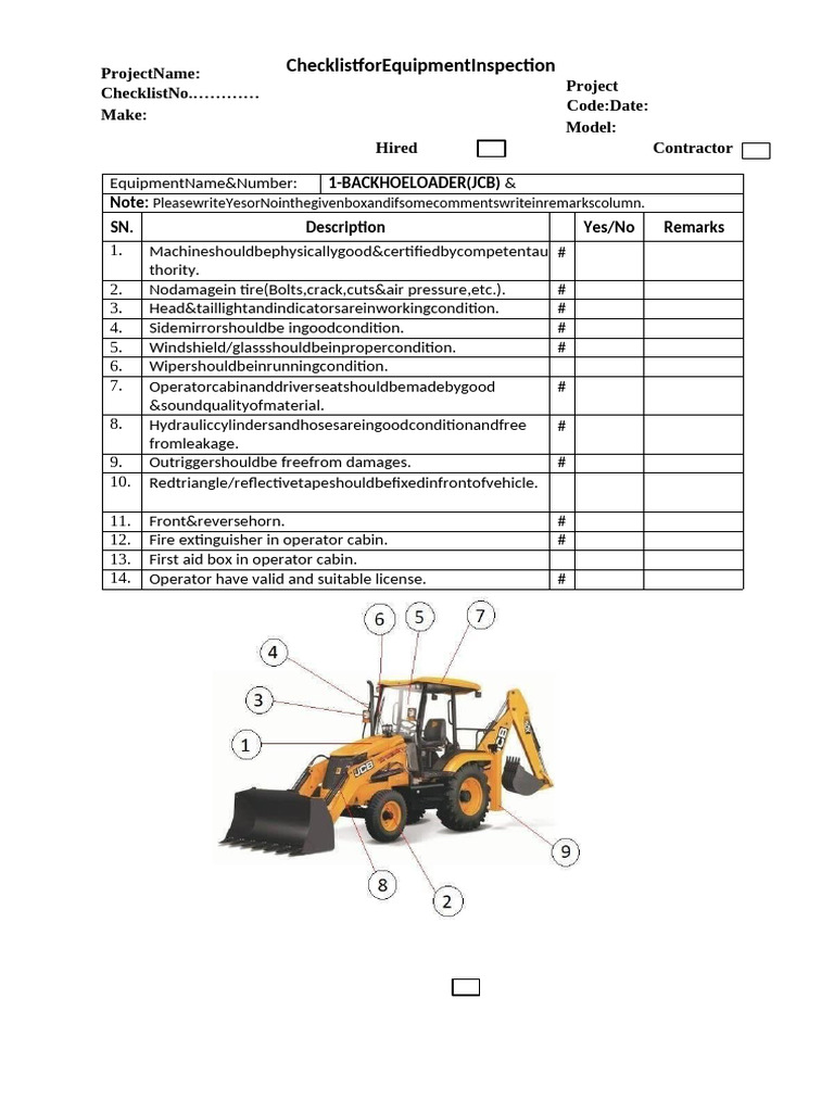 Inspection Checklist For BACKHOE LOADER (JCB) | PDF | Business | Computers