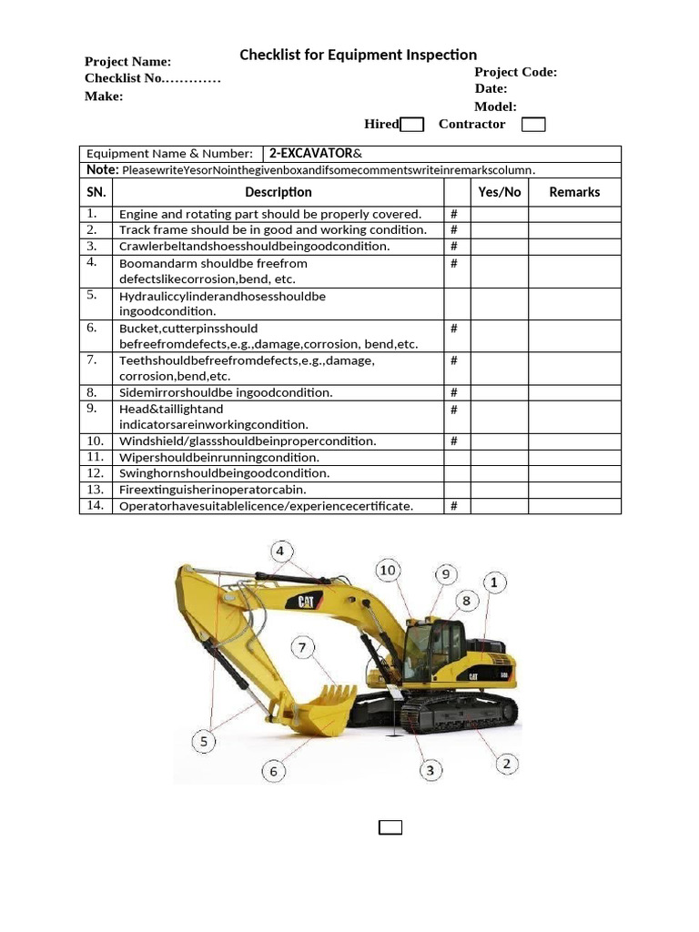 Excavator Inspection Checklist | PDF | Computers | Technology & Engineering