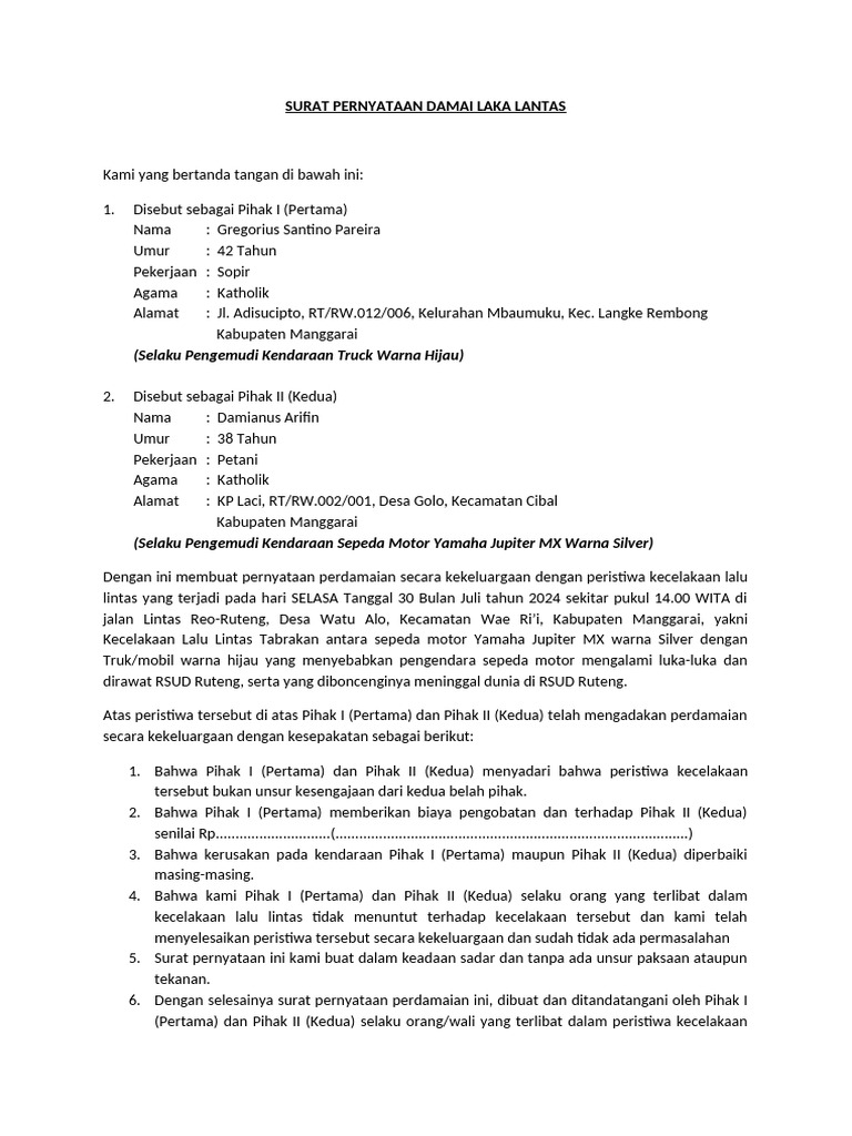 Surat Pernyataan Damai Laka Lantas | PDF