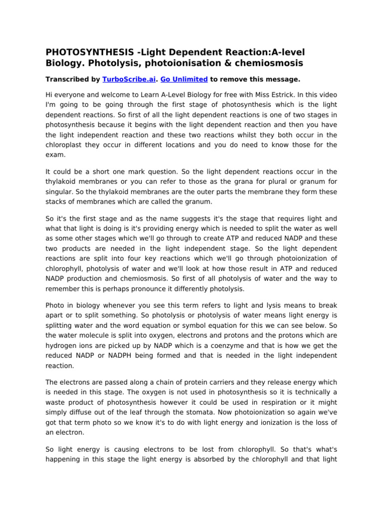 PHOTOSYNTHESIS -Light Dependent Reaction_A-level Biology. Photolysis ...