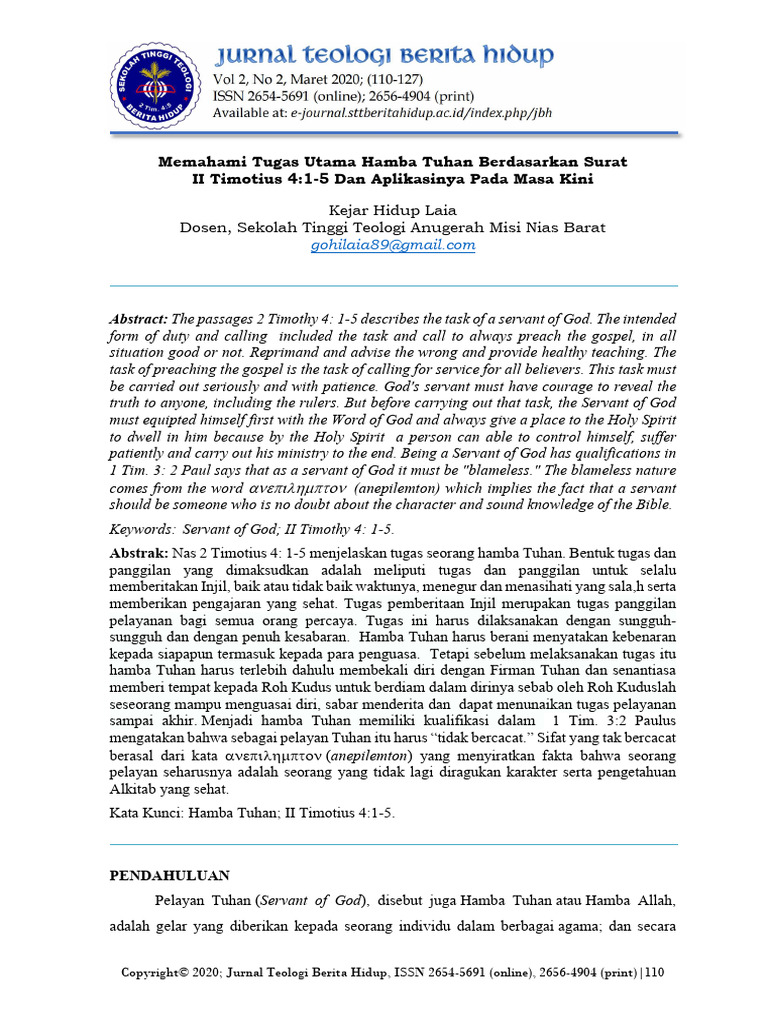 Memahami Tugas Utama Hamba Tuhan Berdasarkan Surat II Timotius 4:1-5 Dan Aplikasinya Pada Masa ...