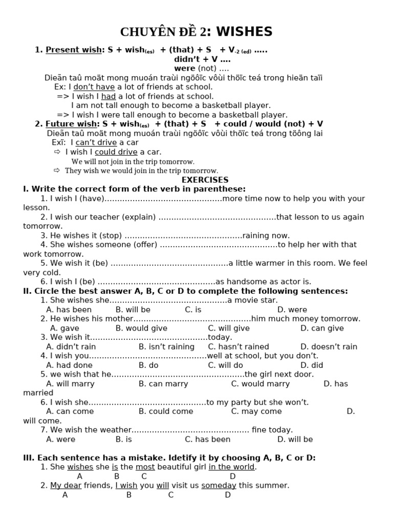 CHUYÊN ĐỀ 2 - 3 (WISH - CONDITIONAL SENTENCES) | PDF