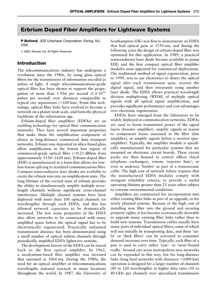 Erbrium Doped Fiber Amplifiers for Lightwave Systems | PDF