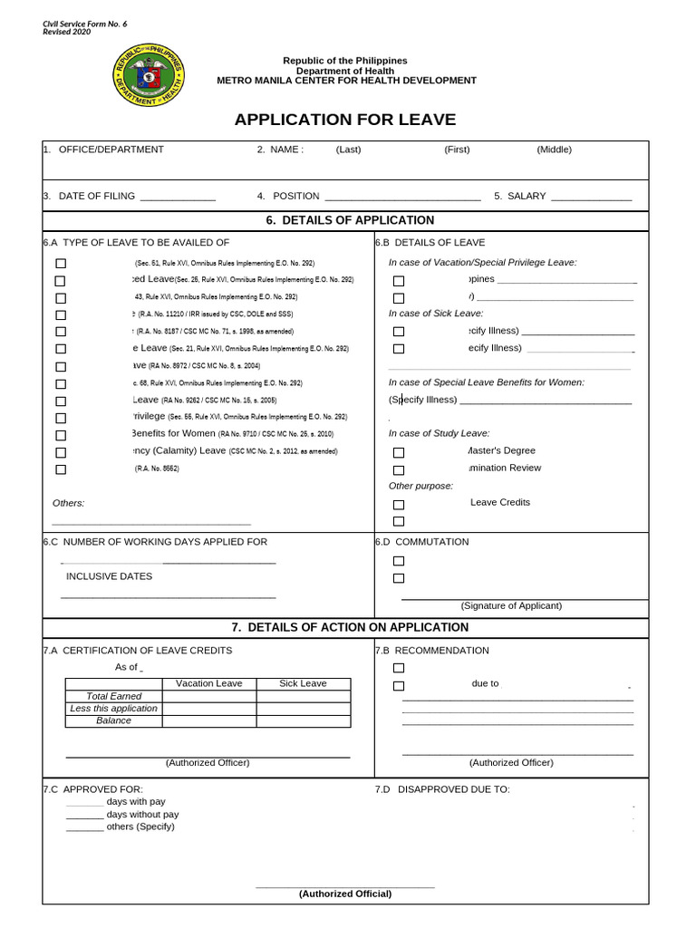 CS Form No. 6 Revised 2020 Application For Leave Fillable 2 | PDF ...