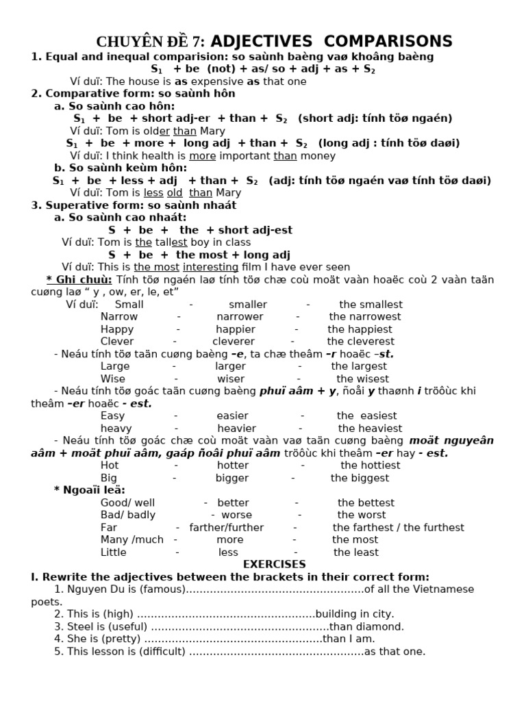 CHUYÊN ĐỀ 7 -ADJECTIVES - ADVERBS COMPARISONS | PDF