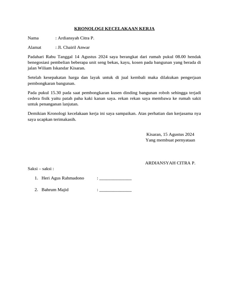 Surat Kronologi Kecelakaan Kerja | PDF