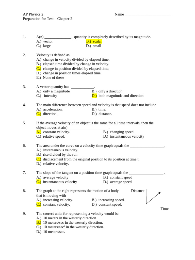 CH 2 Kinematics MC W Answers 2 Sep 14 | PDF | Velocity | Speed