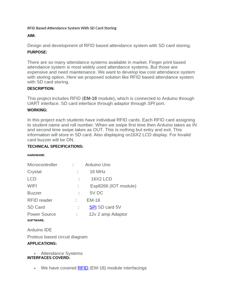 RFID Based Attendance System With SD Card Storing | PDF | Computers