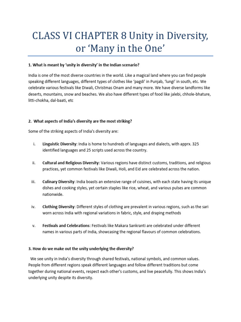 Class Vi Chapter 8 Unity in Diversity-1 | PDF