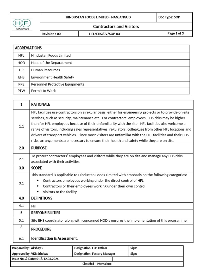 HFL-SOP-EHS-003 Contractors and Visitors | PDF