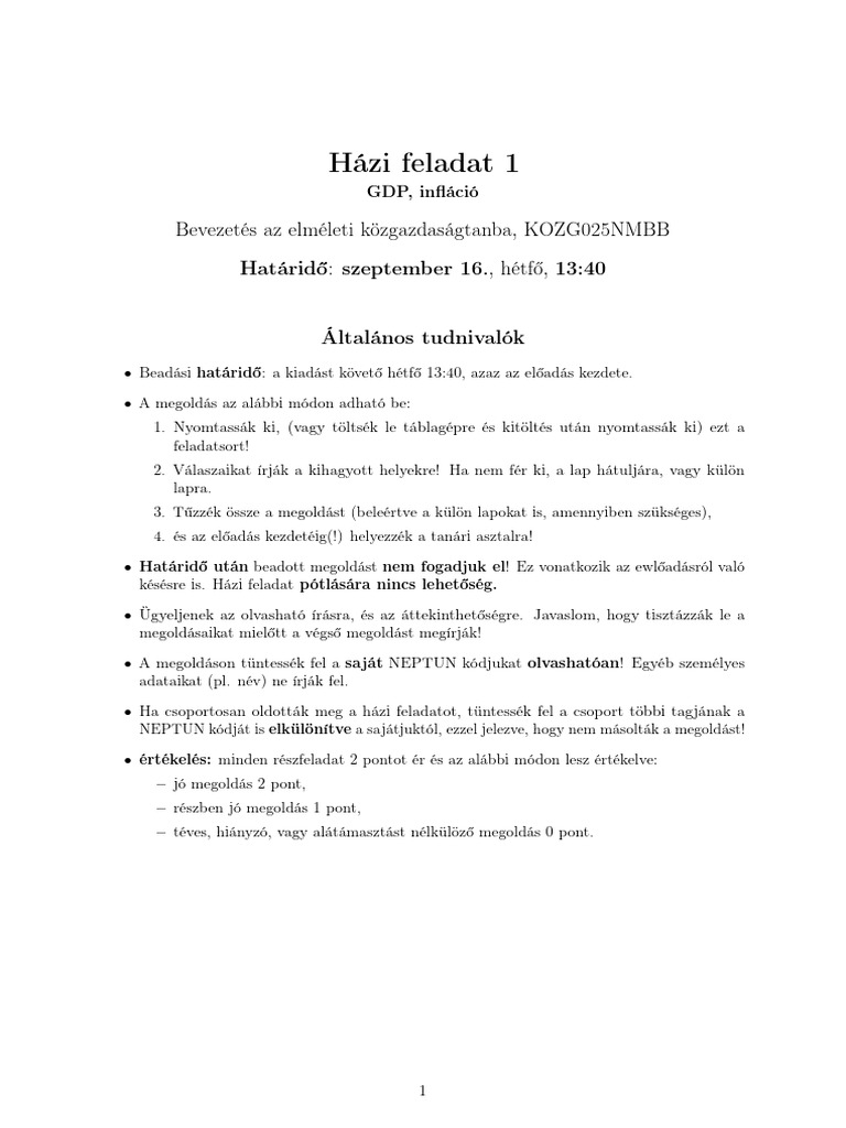Házi Feladat 1: Bevezetés Az Elméleti Közgazdaságtanba, KOZG025NMBB:, Hétfő | PDF