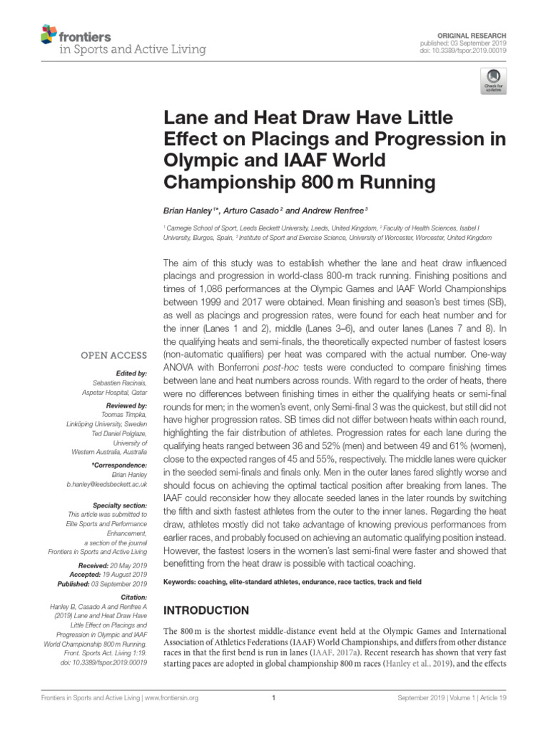 Lane and Heat Draw Have Little Effect On Placings and Progression in ...