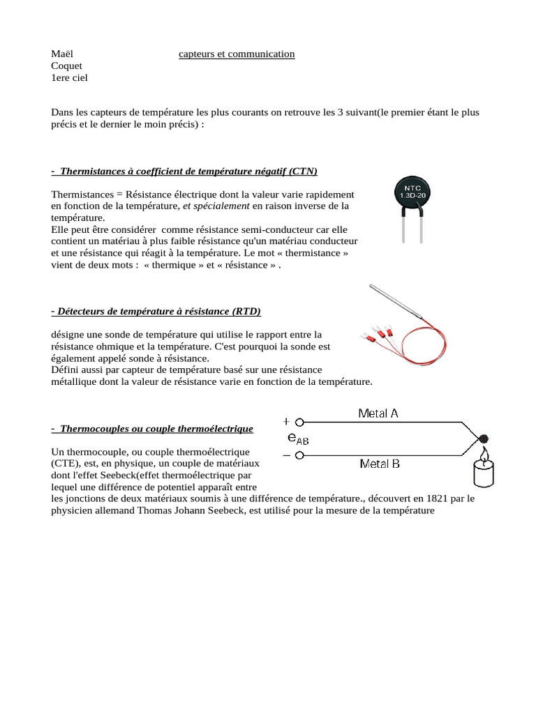 Capteurs de Température Mael Coquet | PDF