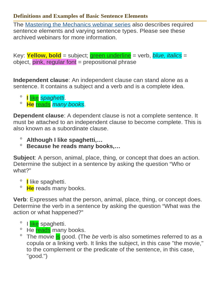 Definitions and Examples of Basic Sentence Elements | PDF
