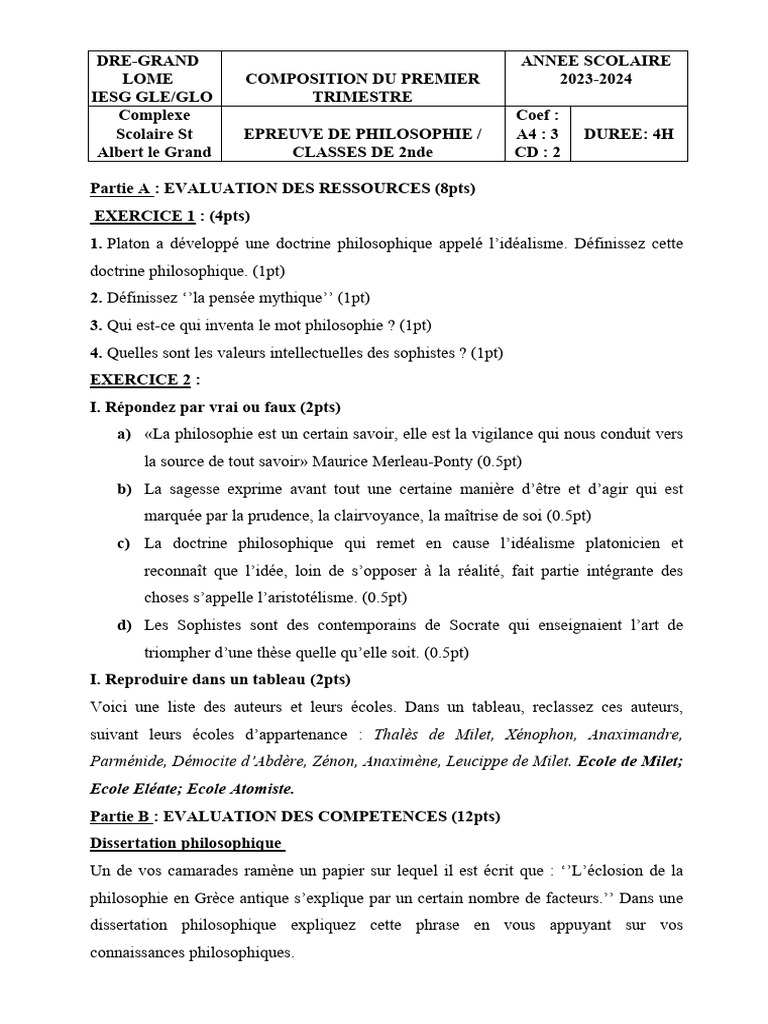 Devoir Philosophie 2nde Csag | PDF