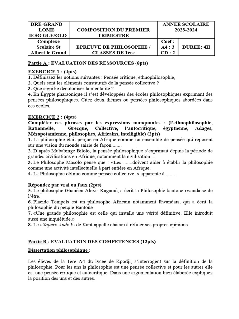 Devoir Philosophie 1ère Csag | PDF