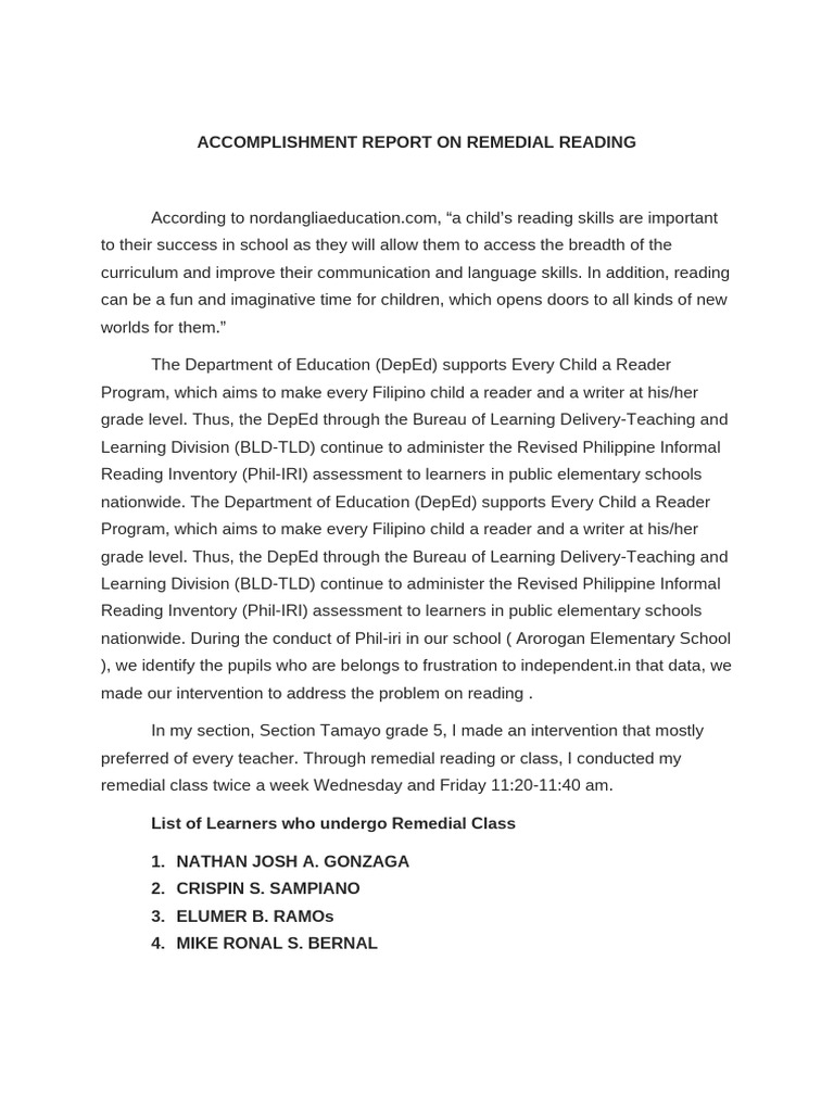 Accomplishment Report On Remedial Reading | PDF