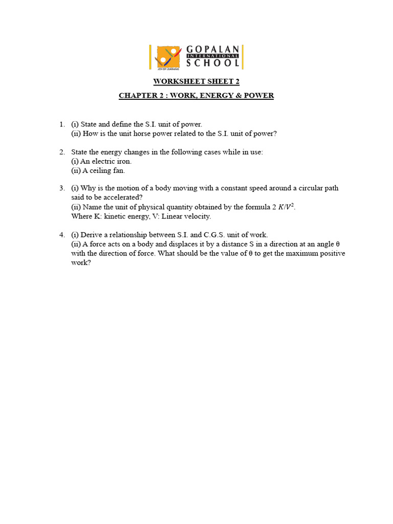 Worksheet Sheet 1 Ch02 Work, Energy Power | PDF