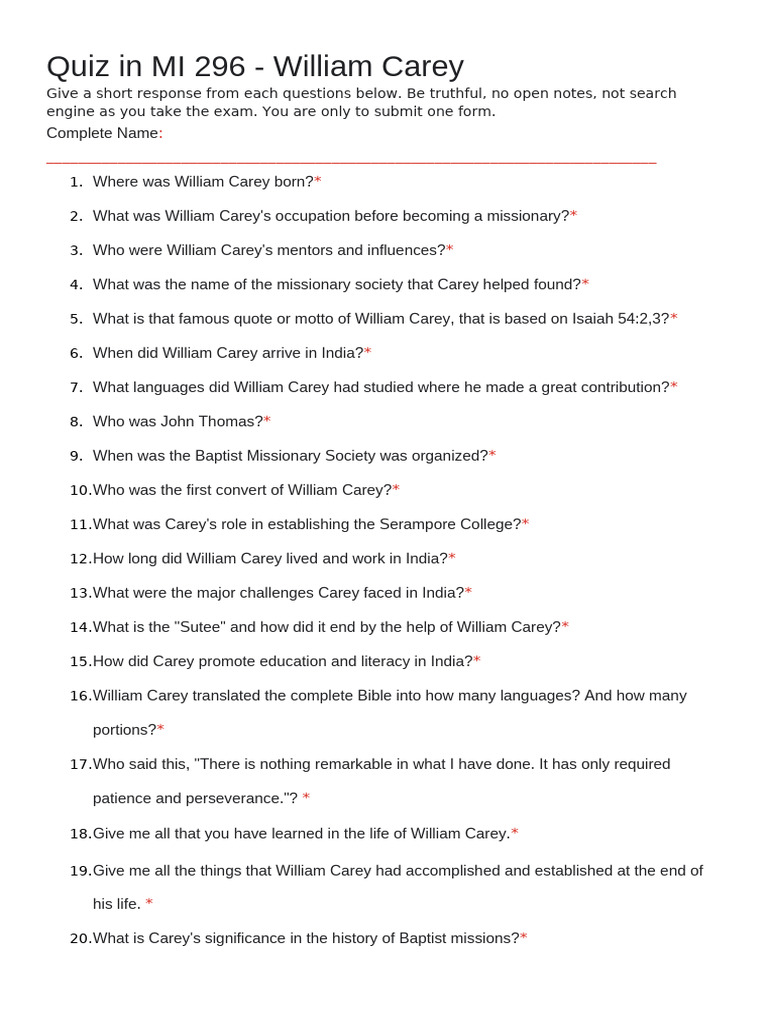 Quiz_William Carey | PDF