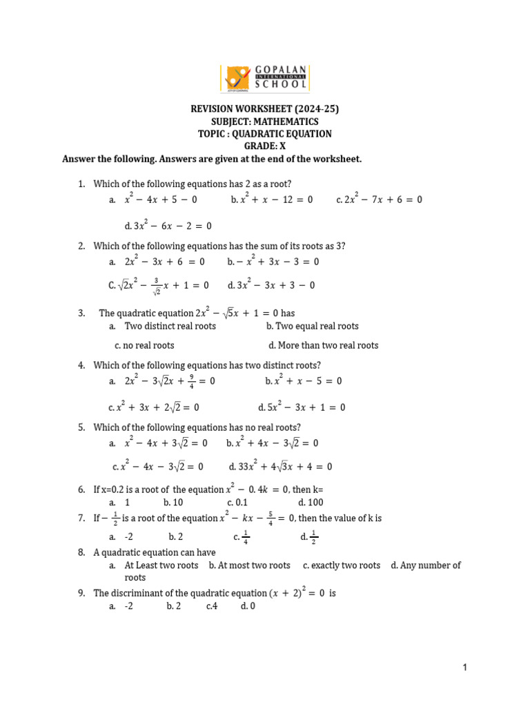 X Quadratic Equation Worksheet2024-25 | PDF