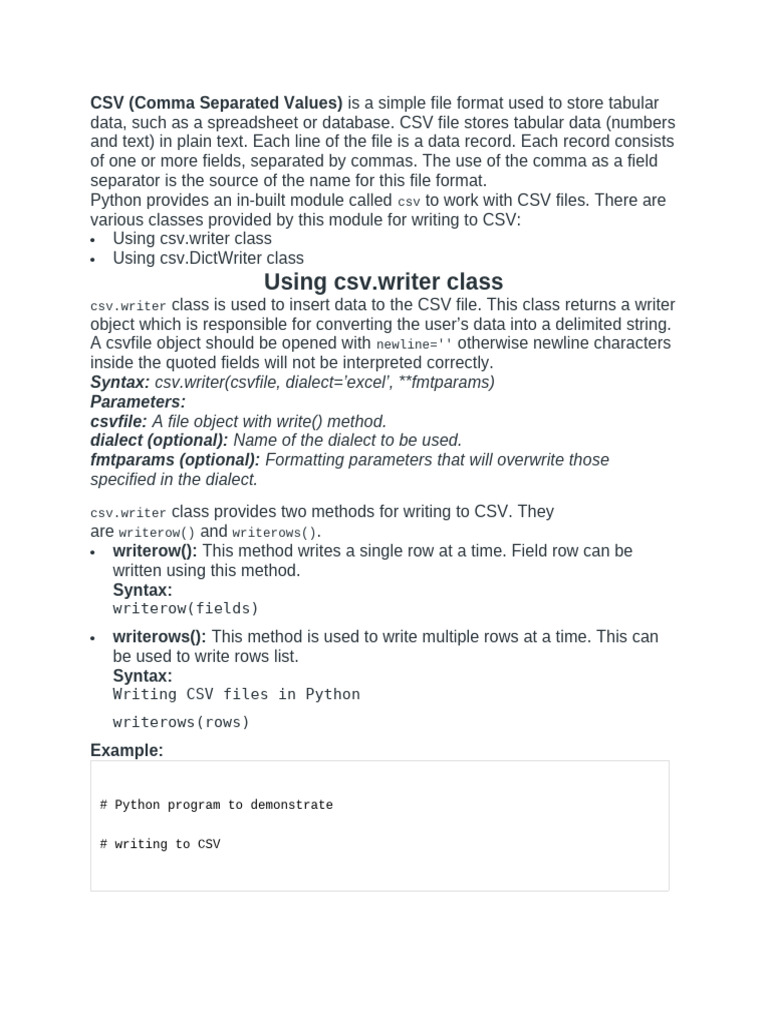 Using CSV - Writer Class: CSV (Comma Separated Values) | PDF
