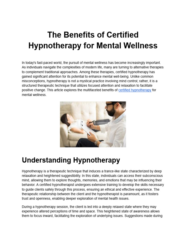 The Benefits of Certified Hypnotherapy For Mental Wellness | PDF | Hypnotherapy | Mental Health