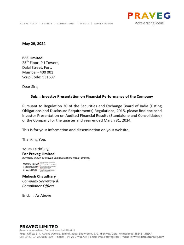 May 29, 2024 BSE Limited: Company Secretary & Compliance Officer | PDF