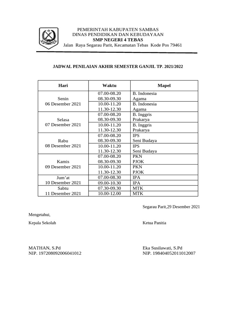 JADWAL PAS 2021 siswa | PDF