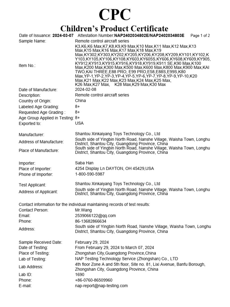 Children's Product Certificate: 2024-03-07 NAP2402034802E ...