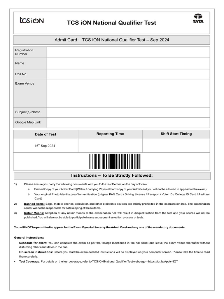 TCS NQT & NPT 2024 Admit Card | PDF
