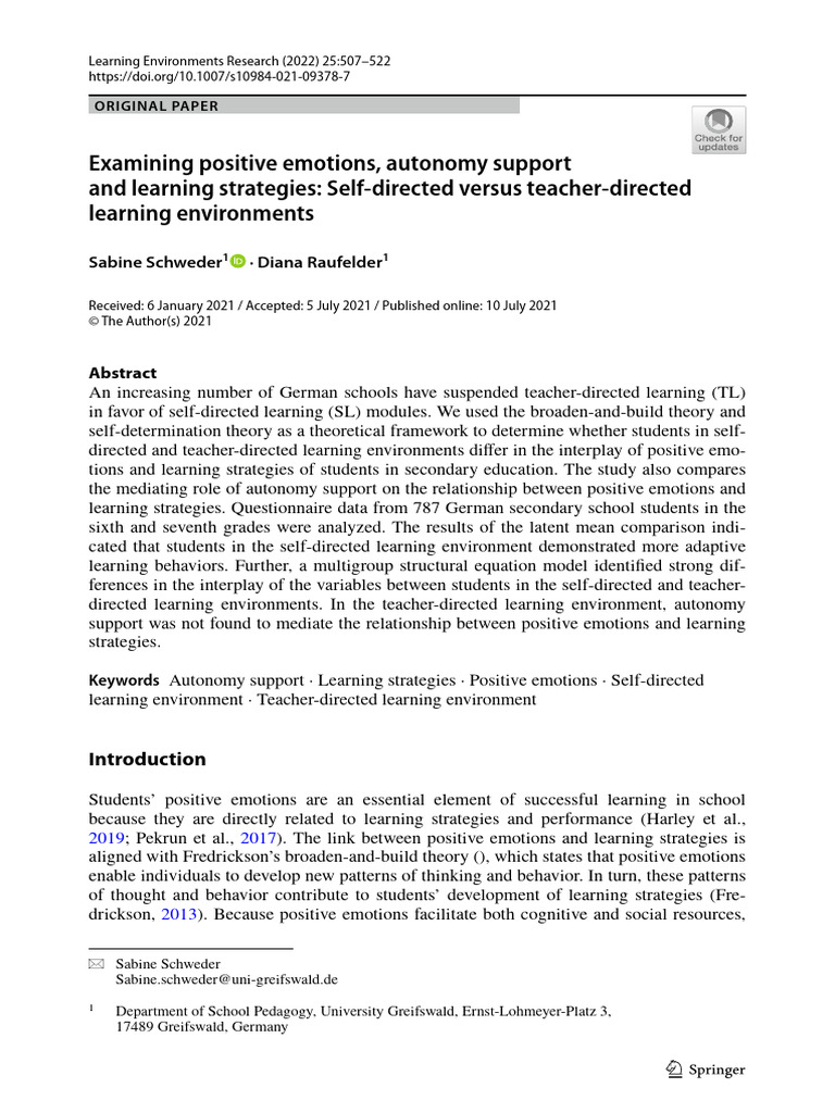 Examining Positive Emotions, Autonomy Support and Learning Strategies ...
