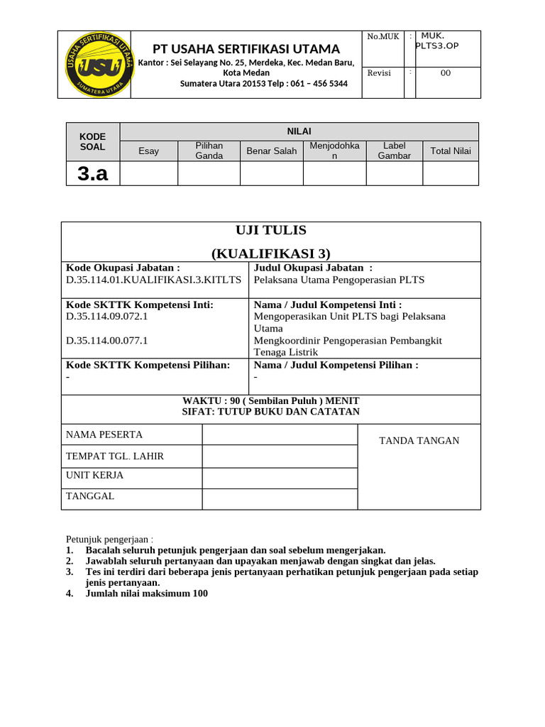SOAL UJI TULIS PENGOPERASIAN PLTS LEVEL 3 | PDF