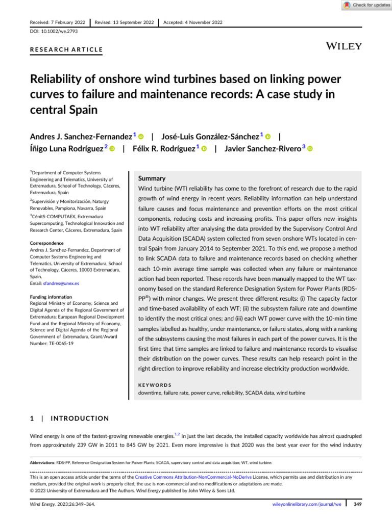 Wind Energy - 2023 - Sanchez Fernandez - Reliability of Onshore Wind Turbines Based On Linking ...