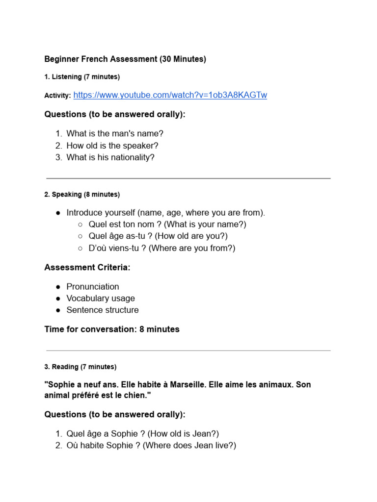 Beginner French Assessment | PDF